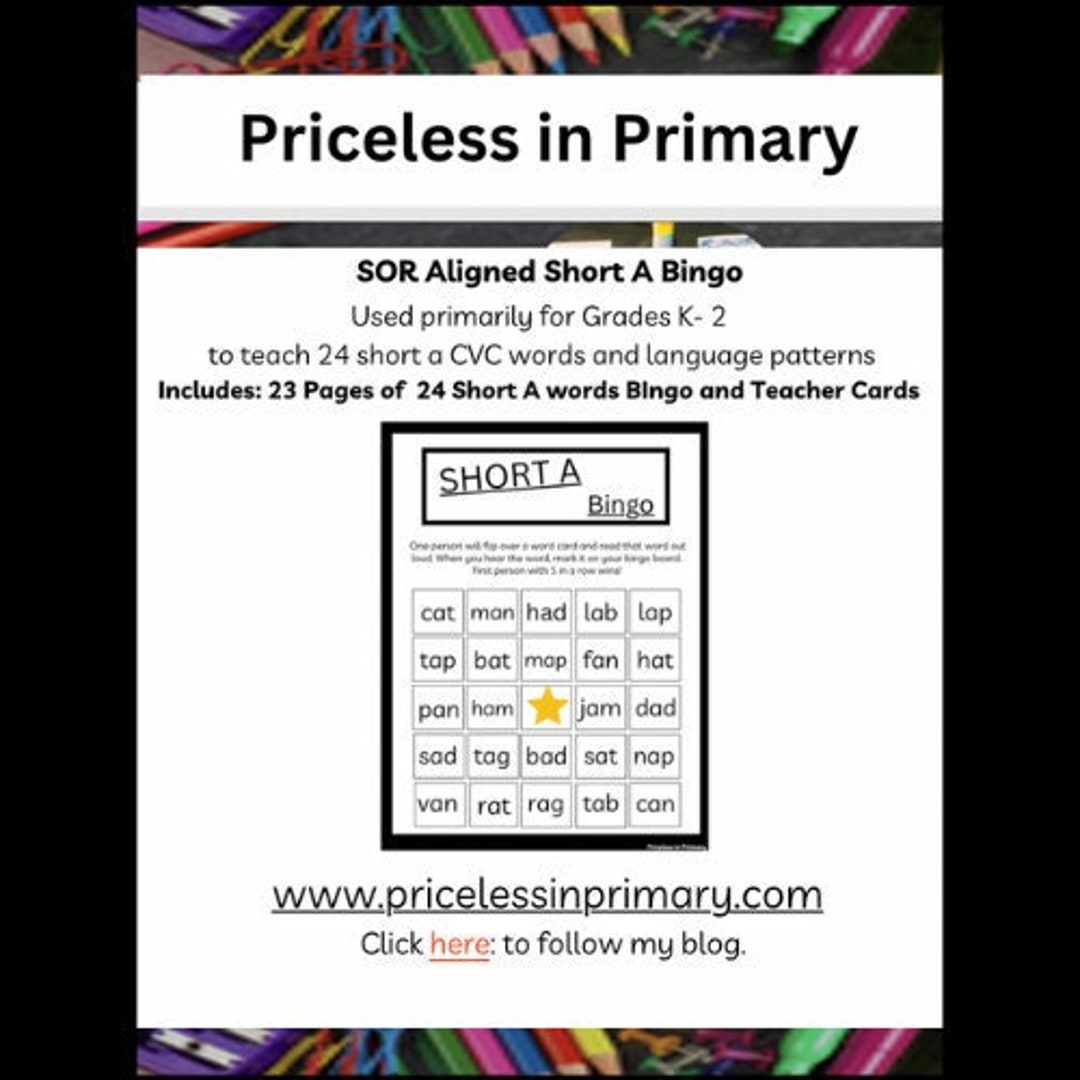 S.O.R. Aligned Short A Bingo Game 24 CVC Words per Card - Etsy