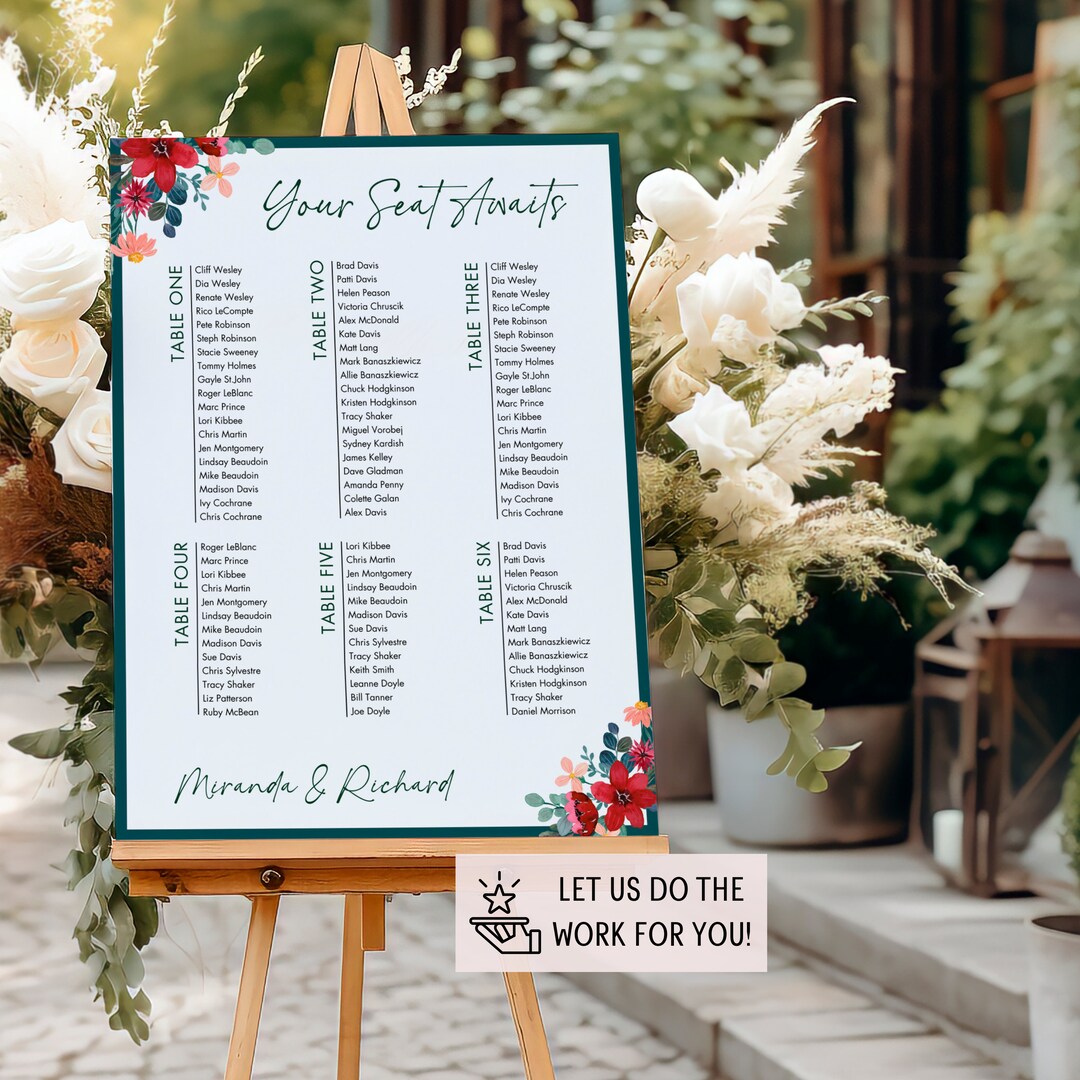 Red Wedding Seating Chart, Personalized Green Reception Table Seating ...