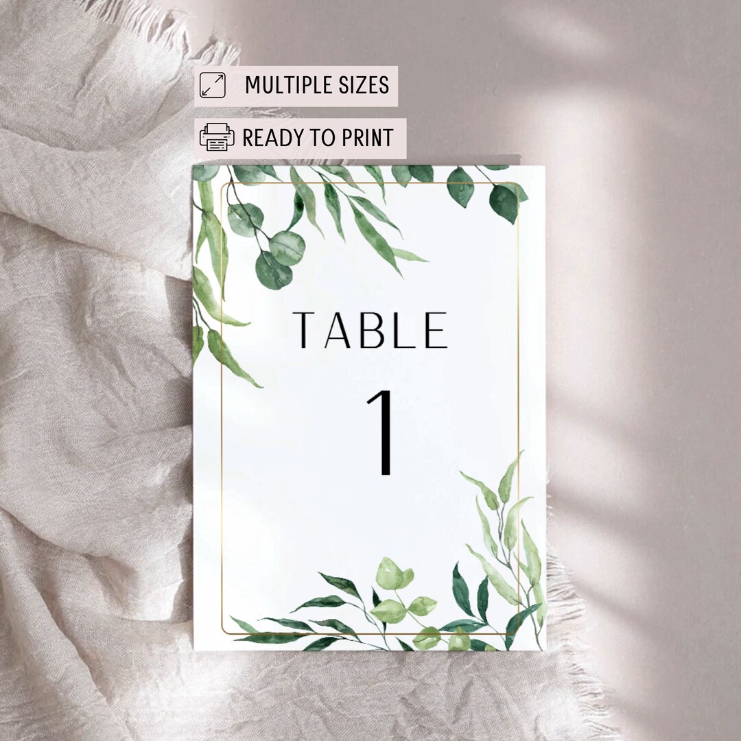 Minimalist Table Numbers, Gold Accent Table Nr, Lush Green Watercolor ...
