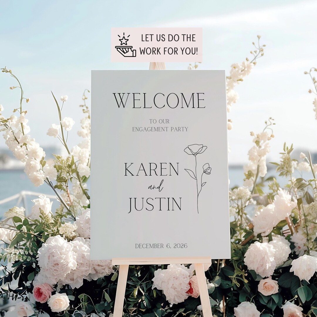 Engagement Welcome Sign With Minimalist Floral Line Modern Script ...