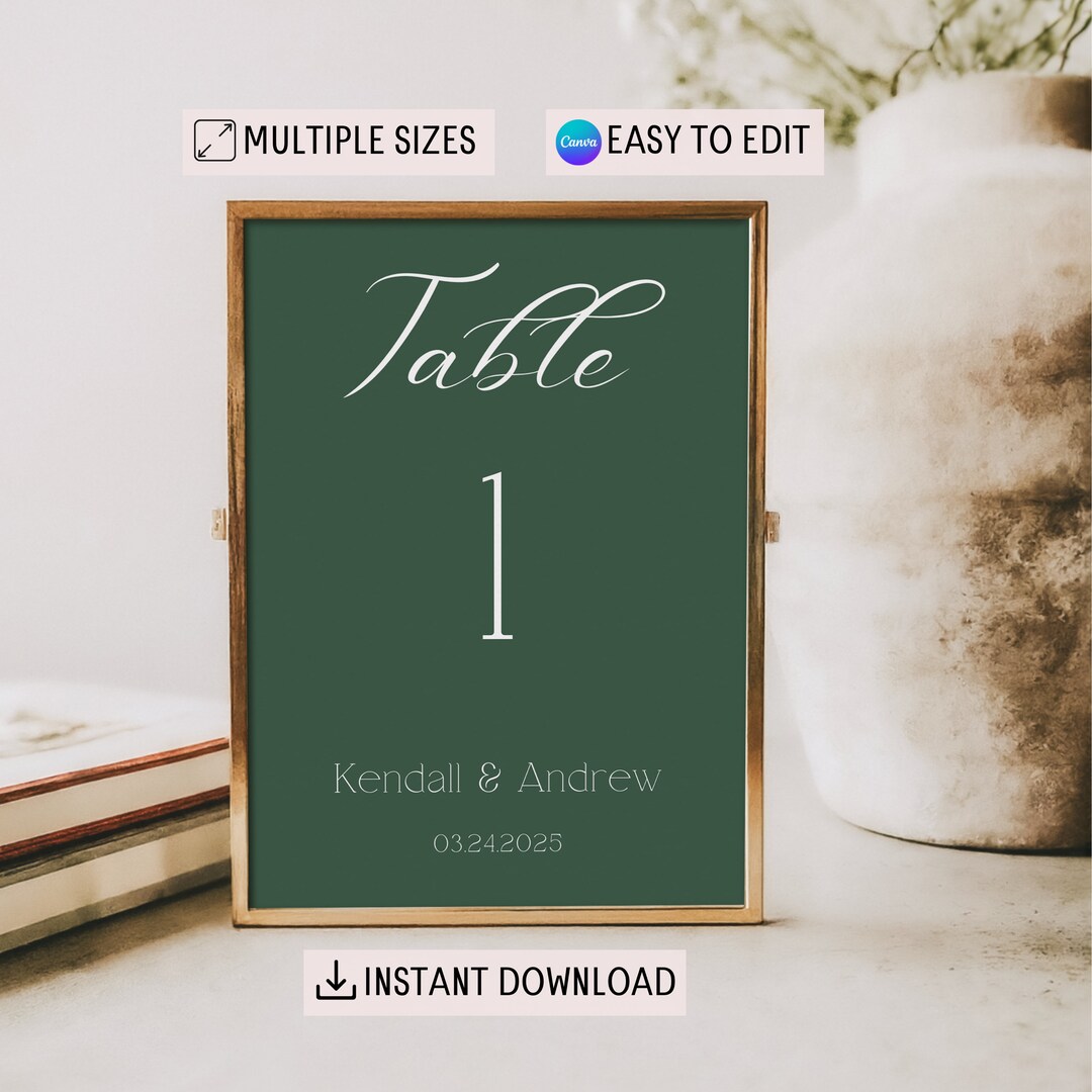 Editable Minimalist Dark Green Table Numbers, Modern Wedding Table Nr ...