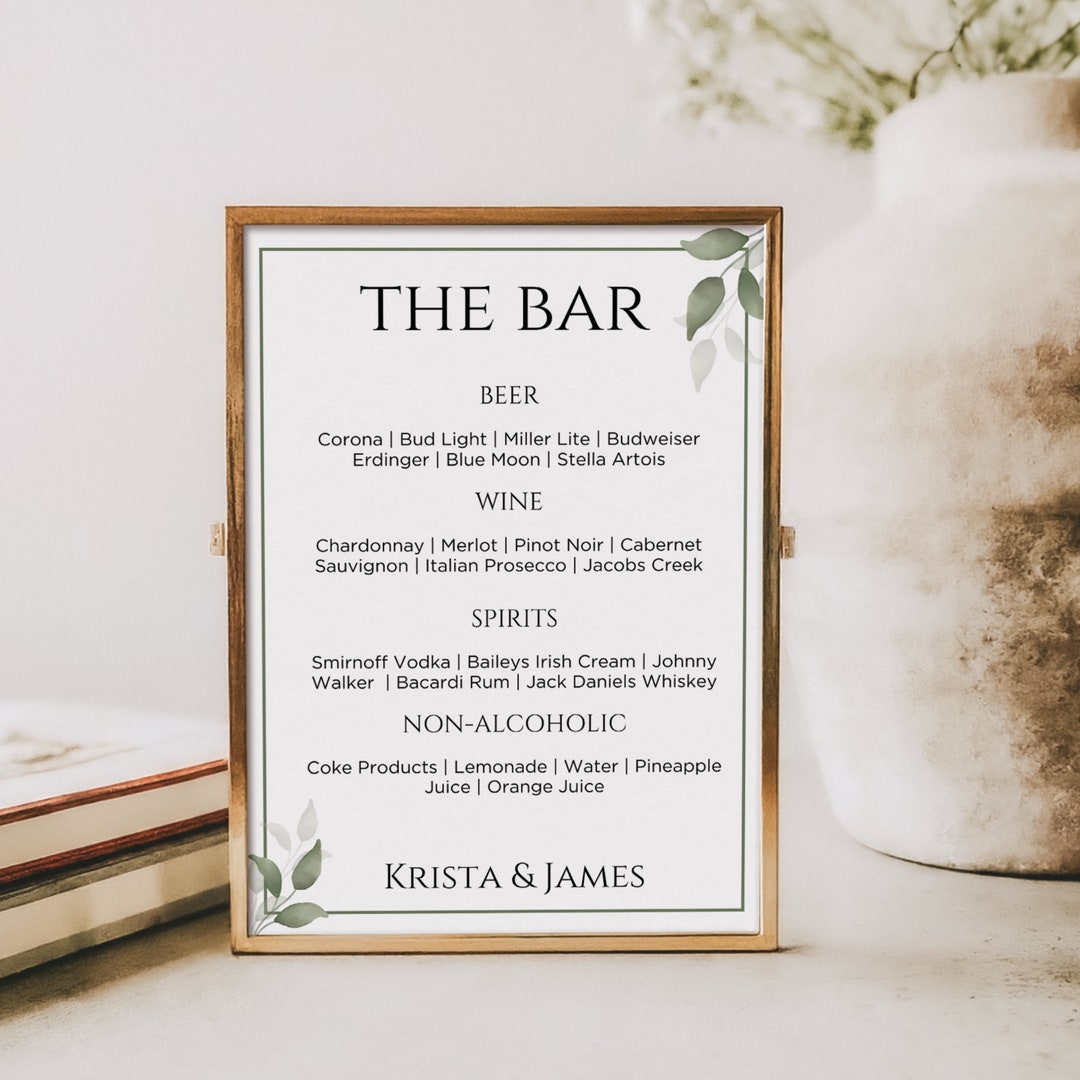 Greenery Bar Sign, Wedding Drinks Menu, Customizable Bar Menu Template ...