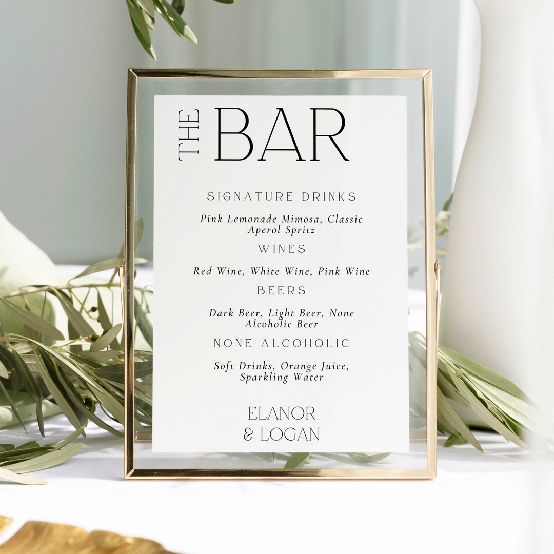 The Bar Sign, Printable Drinks Menu, Minimalist Wedding Bar Menu ...