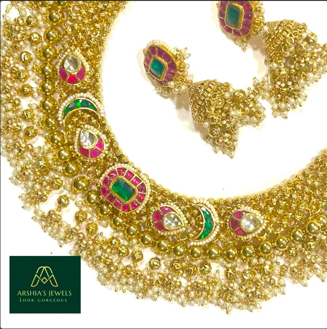 Gold and Multi Jewel Necklace and Earring Set - Etsy