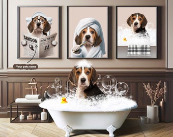 Custom Pet Portrait in Bathtub, Dog Bathroom, Funny Bathroom Art Print ...