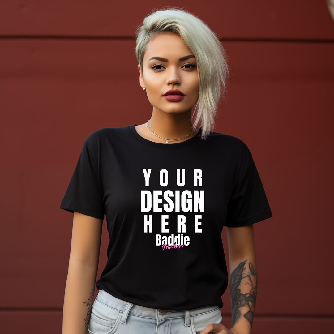 Baddie Model in Bella Canvas 3001 Mockup Black Tshirt Alternative Model ...