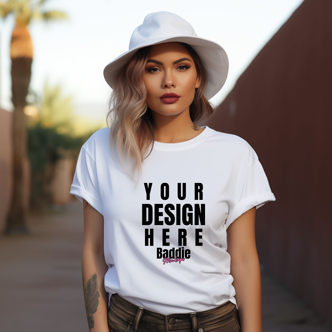 Baddie Model in Bella Canvas 3001 Mockup White Tshirt Alternative Model ...