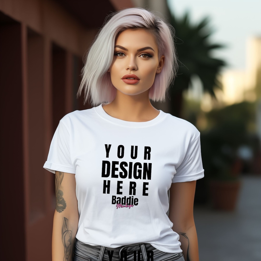 Baddie Model in Bella Canvas 3001 Mockup White Tshirt Alternative Model ...