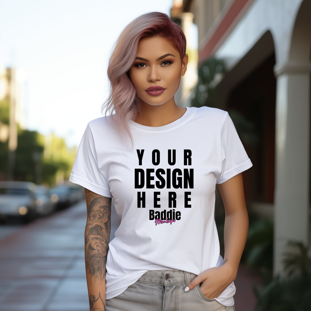 Baddie Model in Bella Canvas 3001 Mockup White Tshirt Alternative Model ...