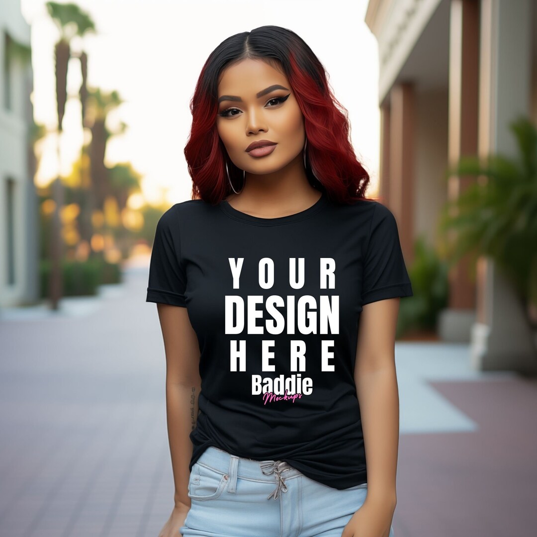 Baddie Model in Bella Canvas 3001 Mockup Black Tshirt Asian American ...