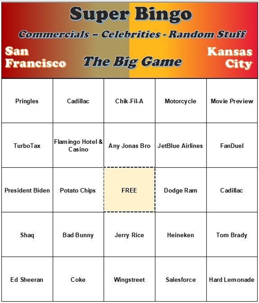 Super big Game Bingo 30 Unique Cards - Etsy