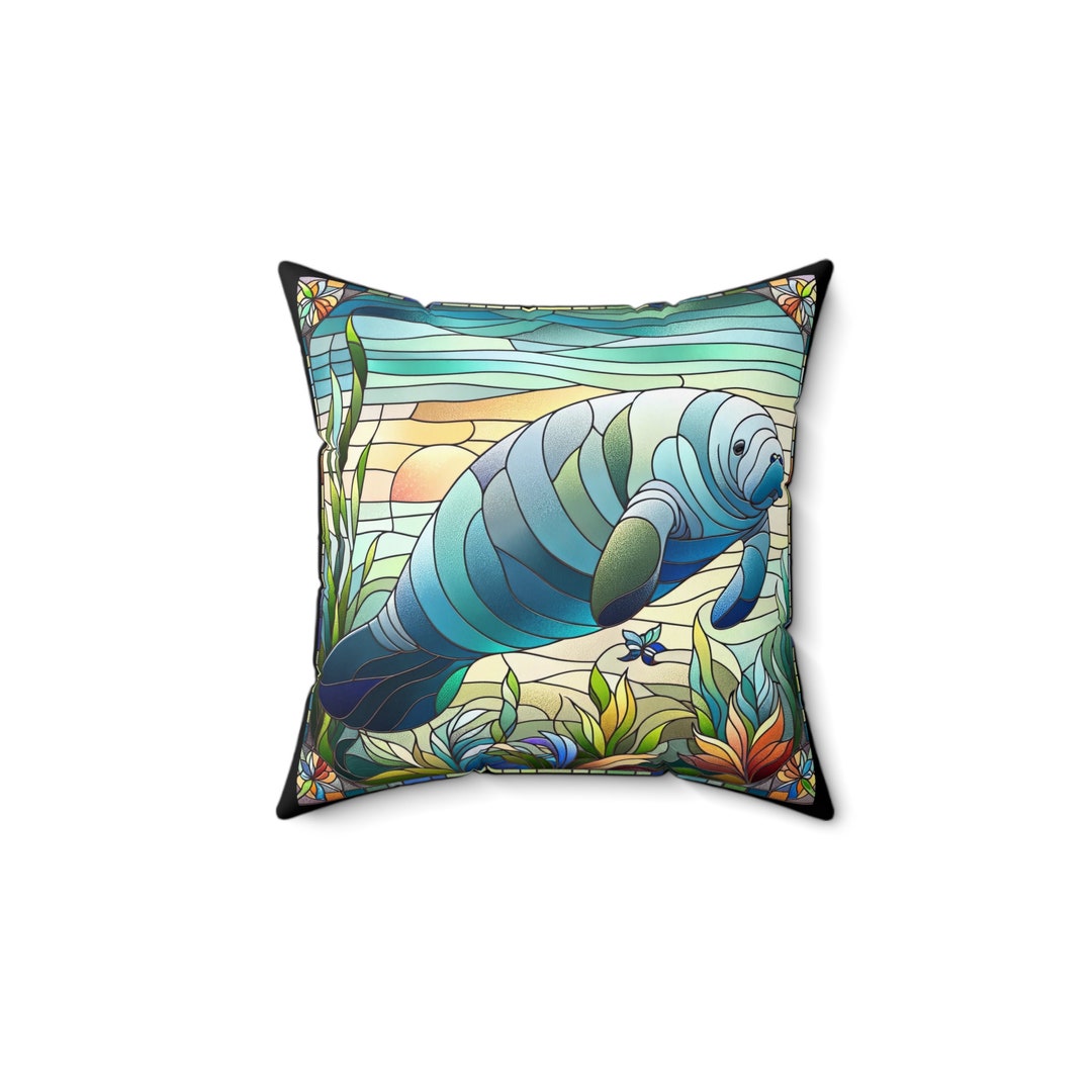 Majestic Manatee Stained Glass Style Pillow - Coastal Wonder for Your ...