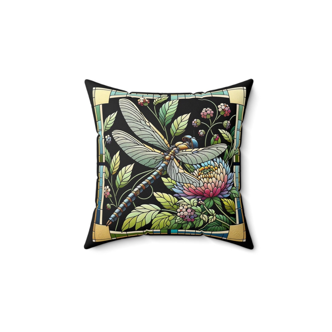 Dragonfly Elegance Stained Glass Style Pillow - Graceful Insect Beauty ...
