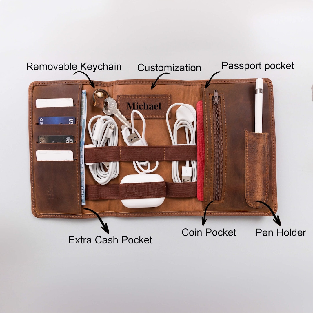Custom Leather Charger and Cable Organizer Bag, Travel Charger Bag ...
