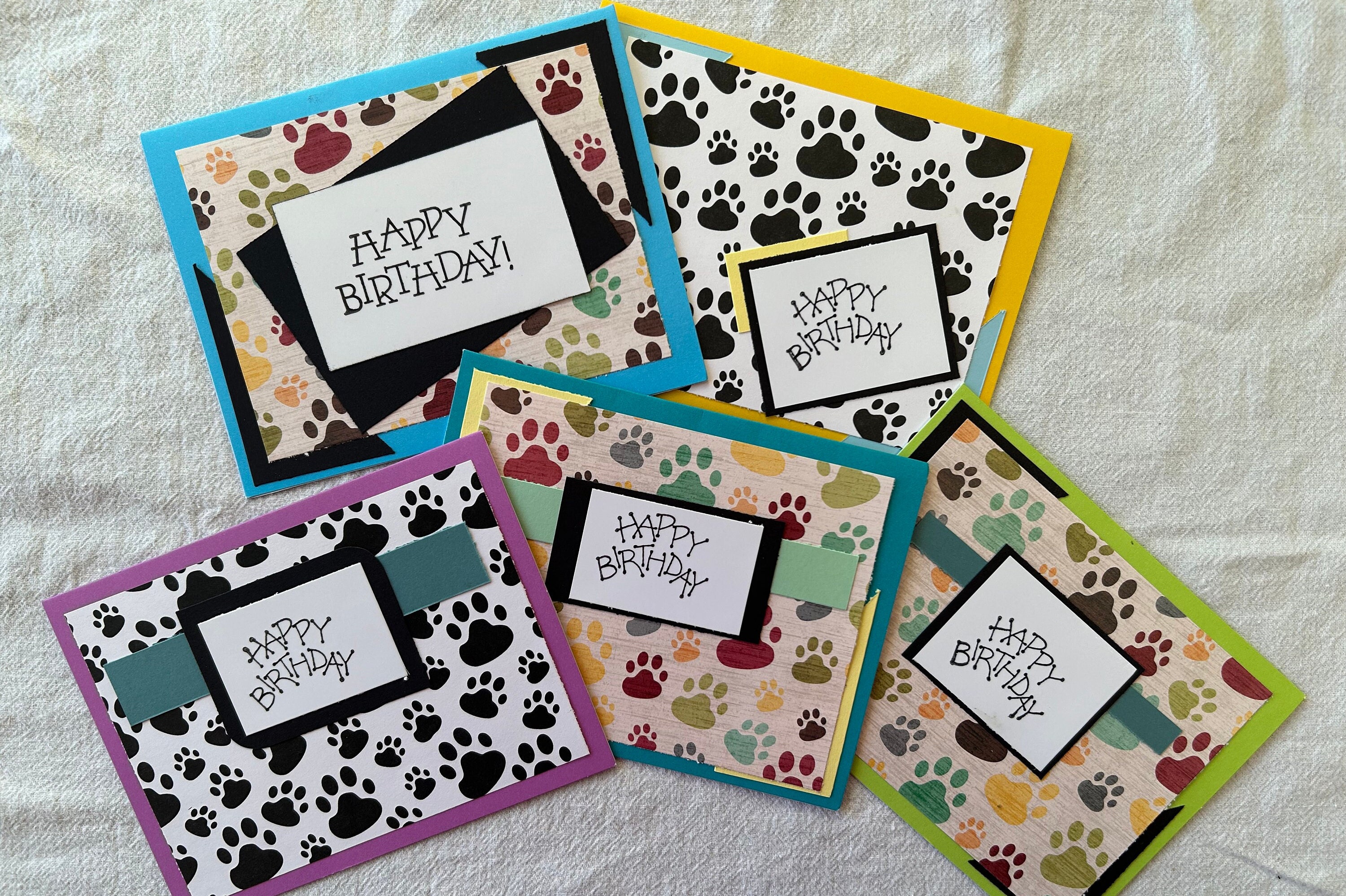 Dog Paw Greeting Card. Happy Birthday. Colorful Set of 5 Hand Stamped ...