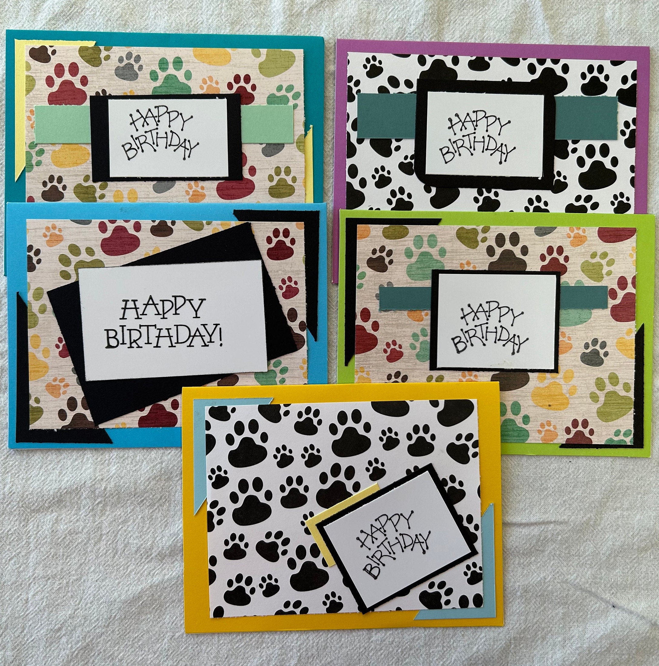 Dog Paw Greeting Card. Happy Birthday. Colorful Set of 5 Hand Stamped ...