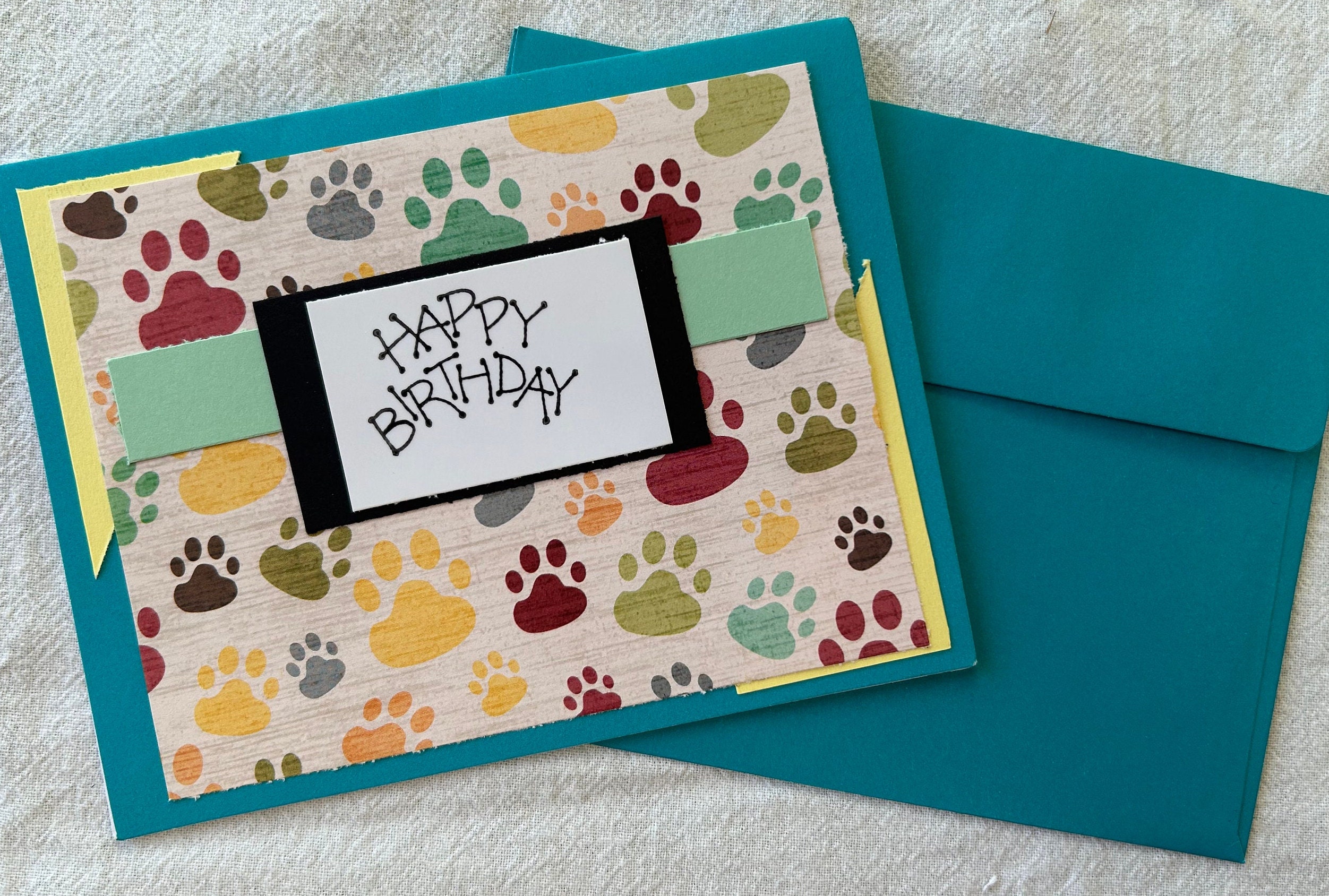 Dog Paw Greeting Card. Happy Birthday. Colorful Set of 5 Hand Stamped ...