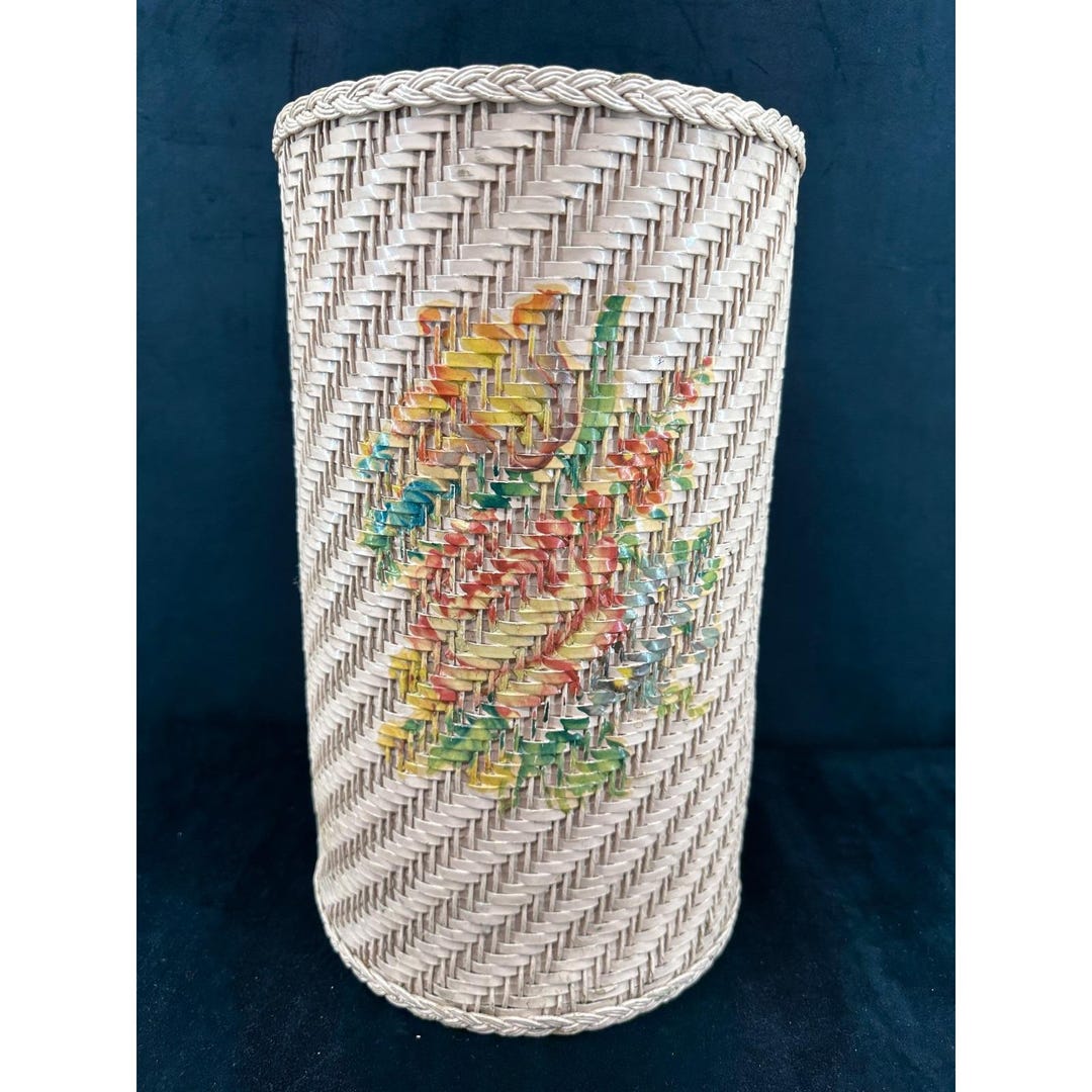 Vintage Harvey Wastebasket Trash Can Pink/peach Wicker Floral Cottage ...