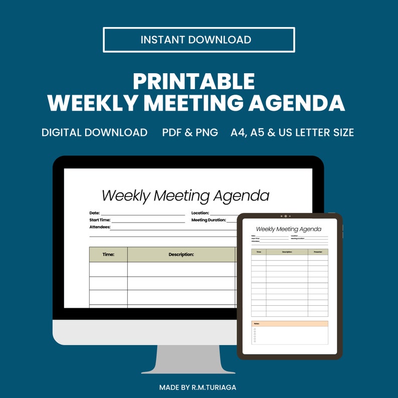 Weekly Meeting Agenda Template, Meeting Discussion Planner, Minutes of ...