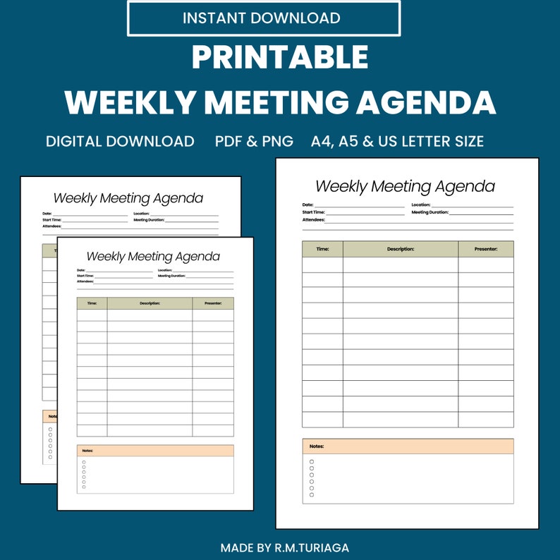 Weekly Meeting Agenda Template, Meeting Discussion Planner, Minutes of ...