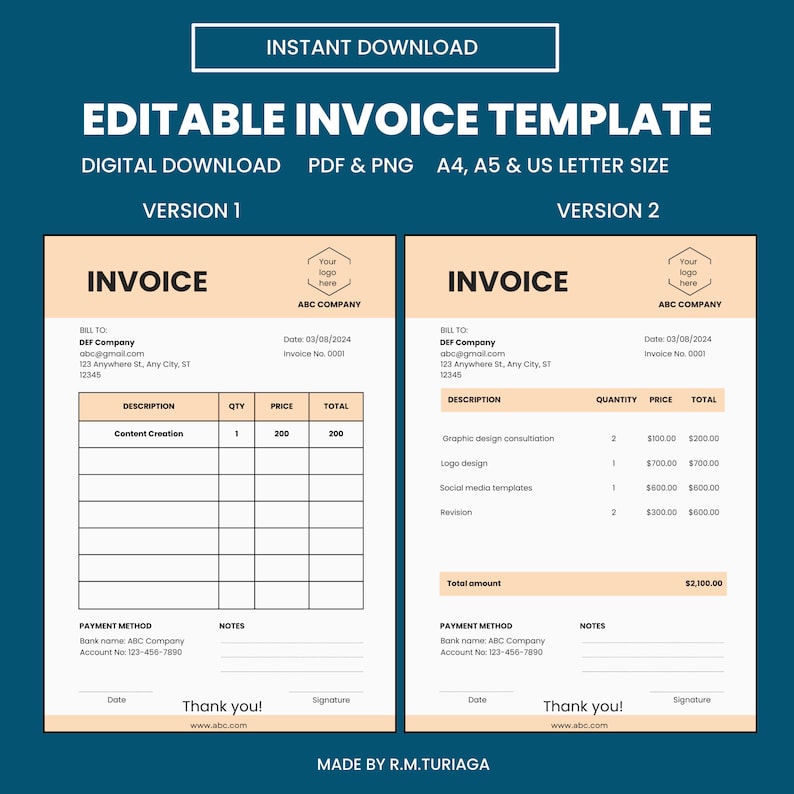 Editable Invoice Template, Canva Business Invoice (digital Download) - Etsy