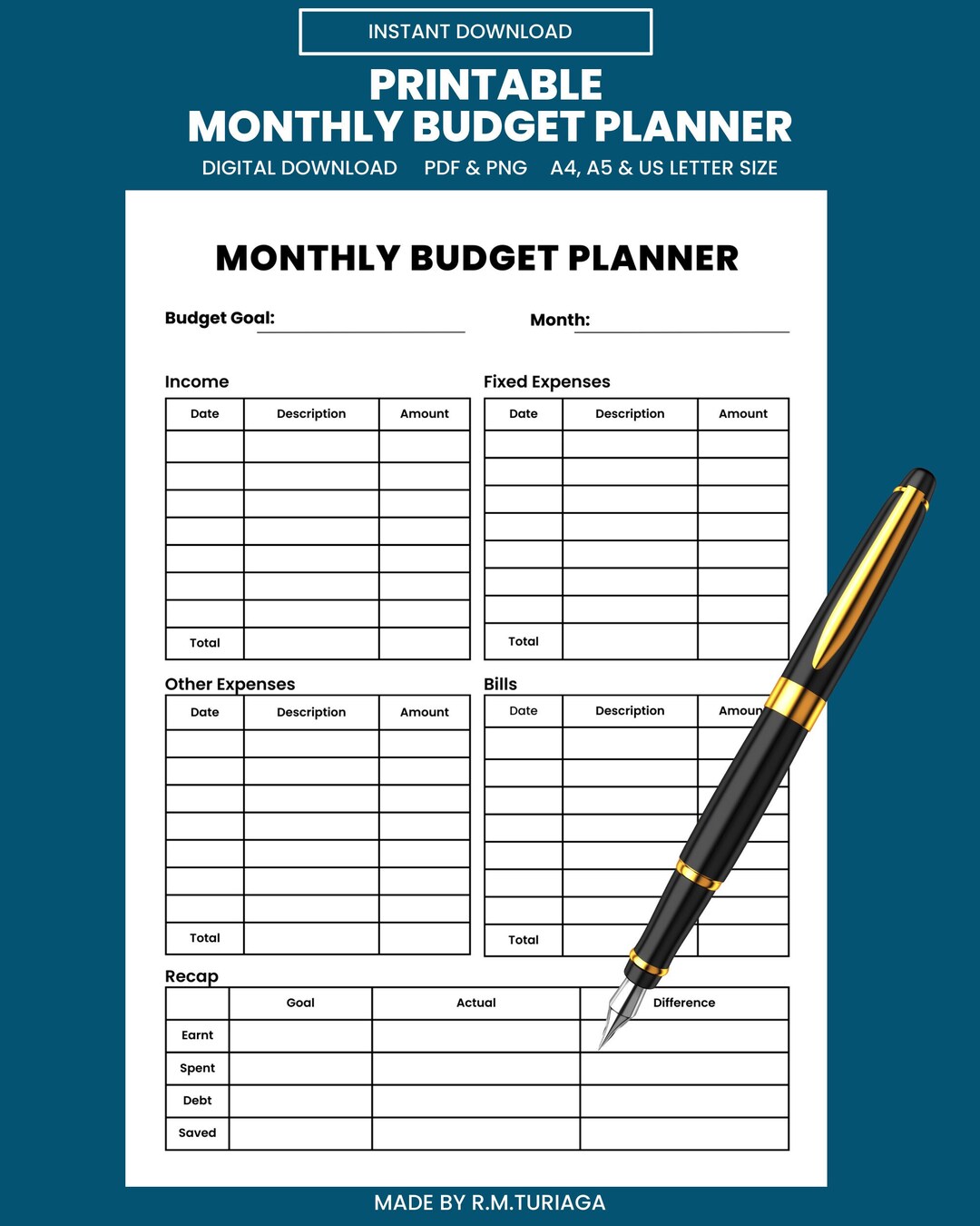 Monthly Budget Planner Financial Tracker Income and Expenses Budget ...