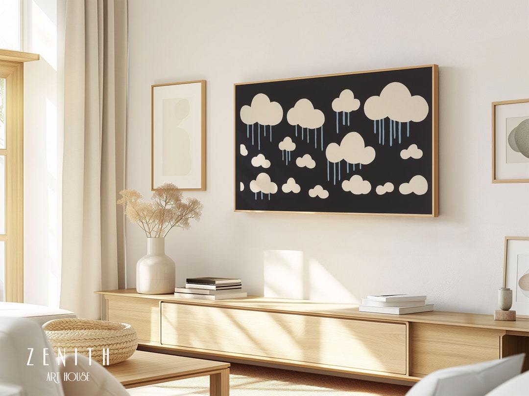 Rainy Clouds Lino Cut Print, Samsung FRAME TV Art, Modern Neutral Wall ...