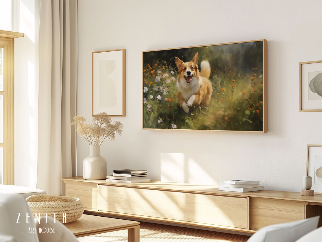 Corgi Running Through Wildflowers Oil Painting, Samsung FRAME TV Art ...