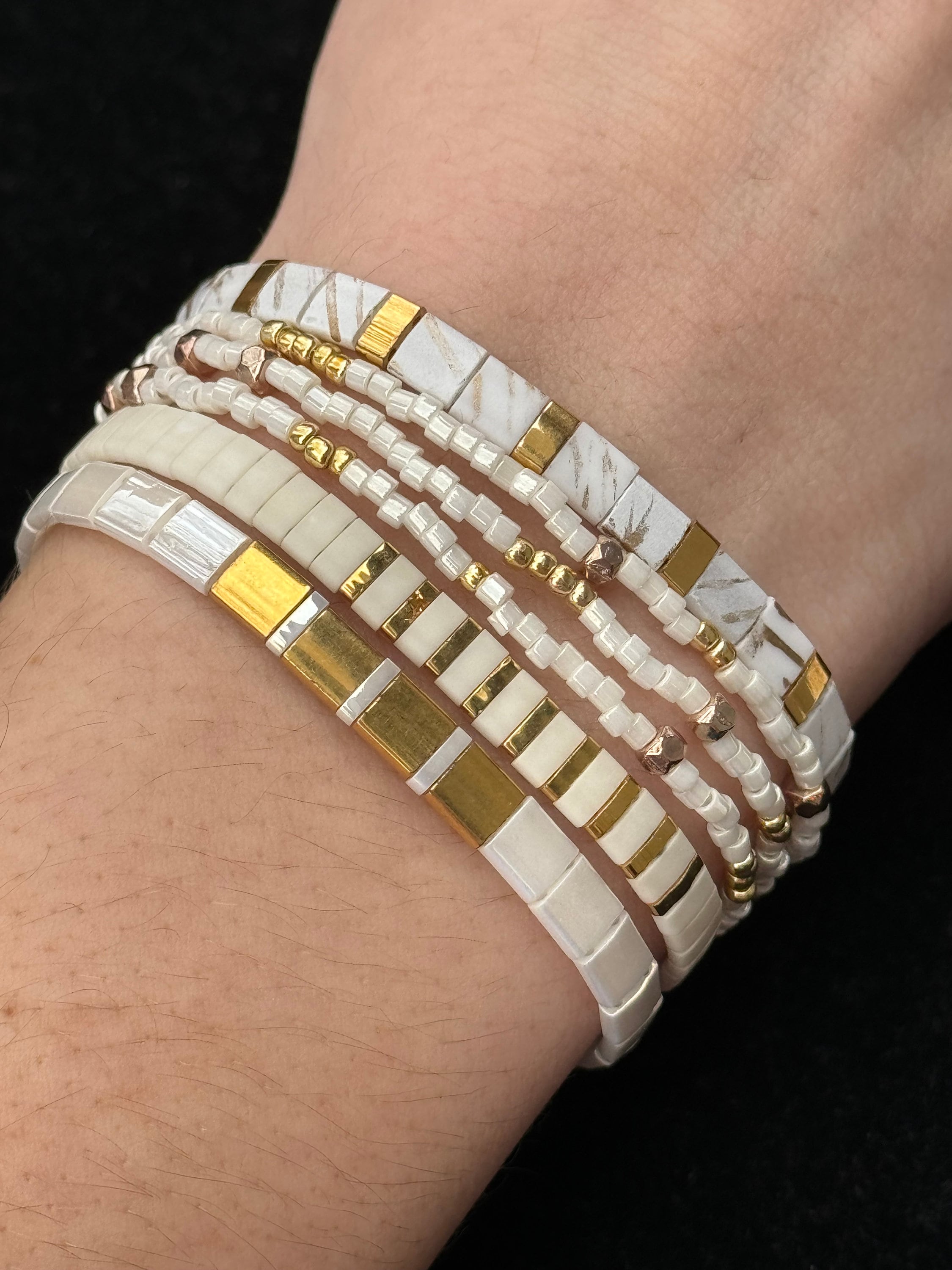 Miyuki Tila Bead Stacking Stretch Bracelets - Creamy White and Gold ...