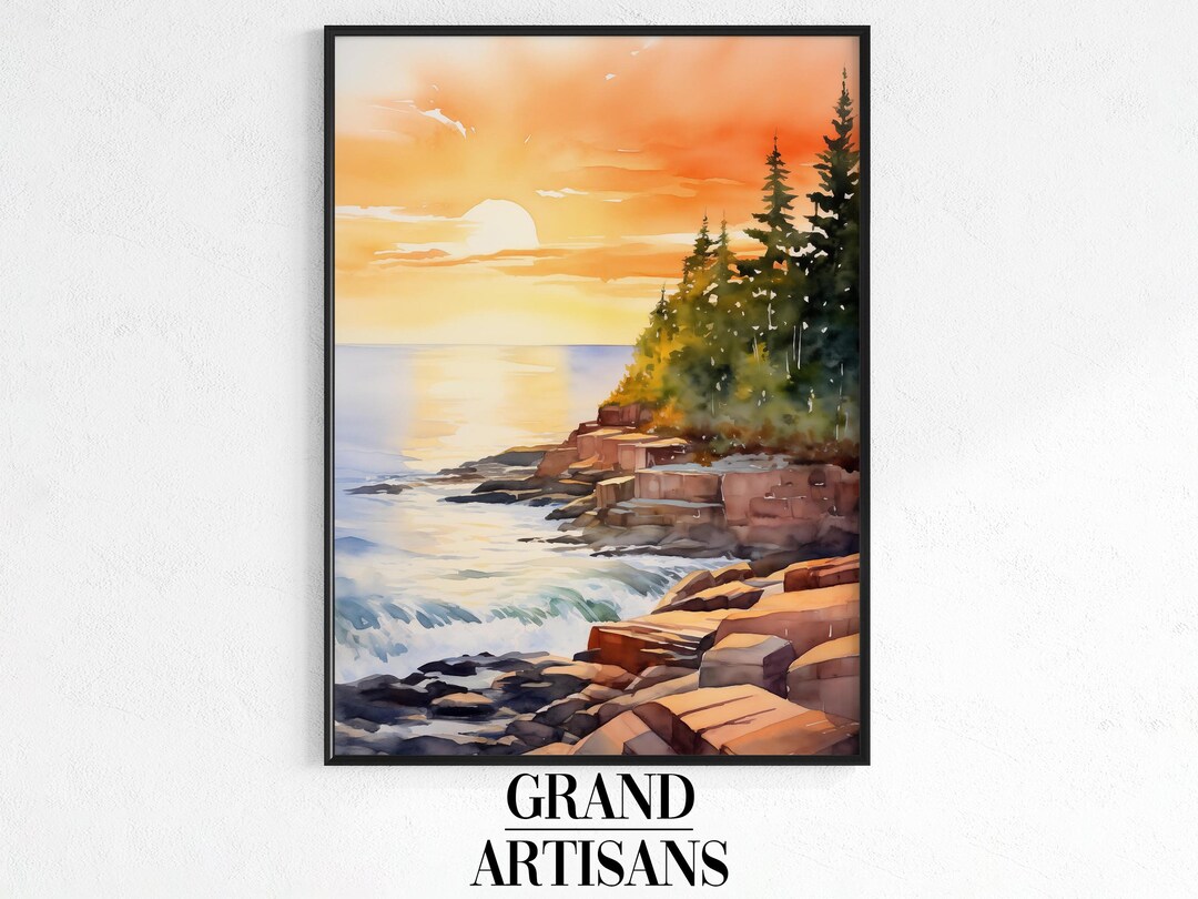 Watercolor Painting Beautiful Acadia National Park Maine Shoreline ...