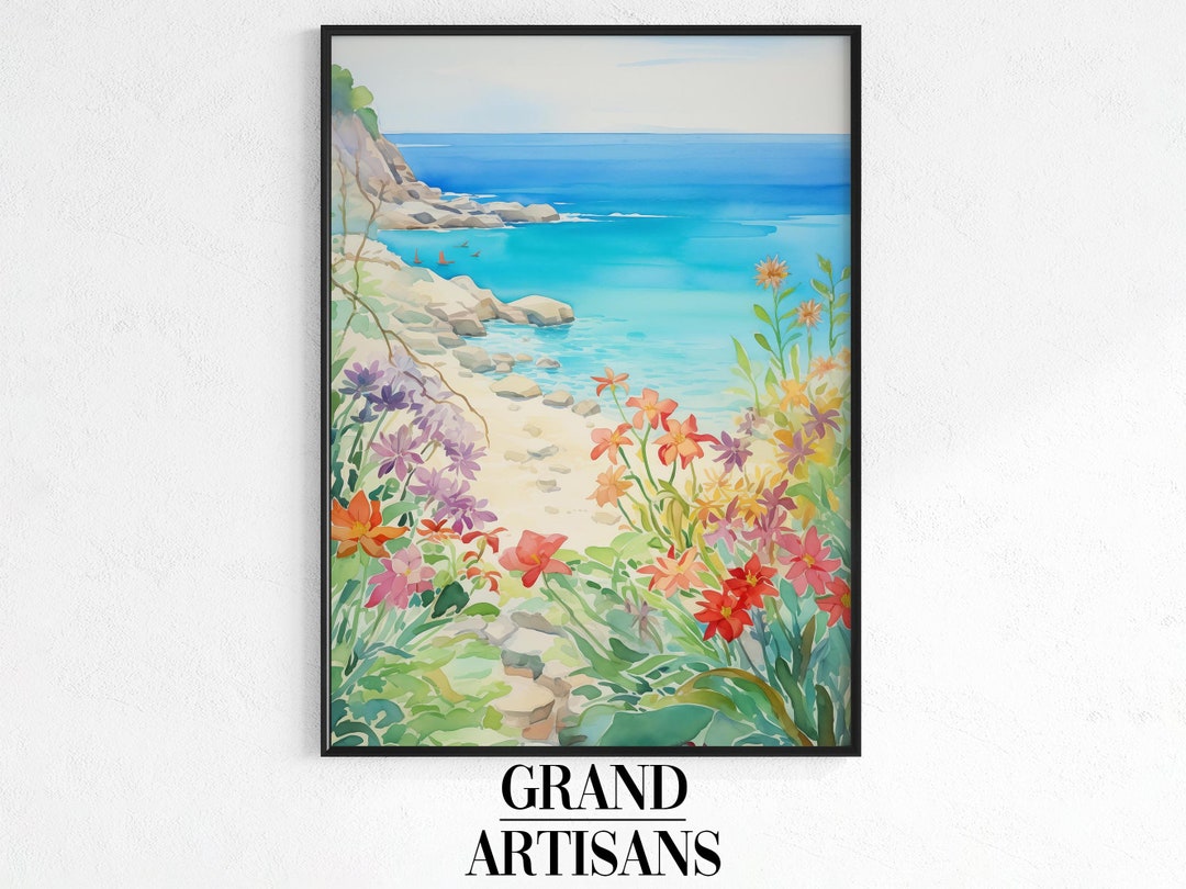 Tropical Paradise Watercolor Painting Island Crystal Clear Water Exotic ...