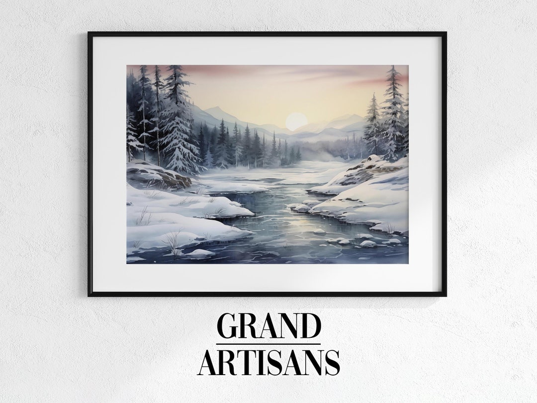 Winter Landscape Watercolor Snow-covered Forest and Frozen River Lake ...