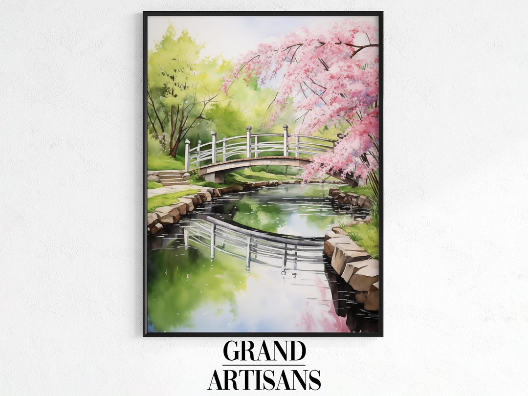 Realistic Japanese Garden Spring Watercolor Cherry Blossoms Bridge Over ...