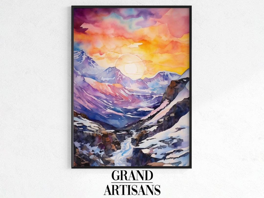 Dramatic Mountains Sunset Mixed Media Snow Capped Peaks Vibrant Sky ...