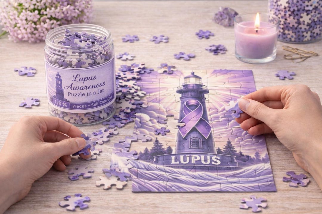 Lupus Awareness Puzzle in a Jar – 120 Piece Purple Lighthouse Puzzle ...