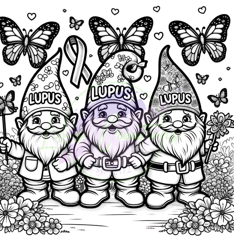 Joyful Gnomes - Lupus Awareness Coloring Page With Symbolic Butterflies ...