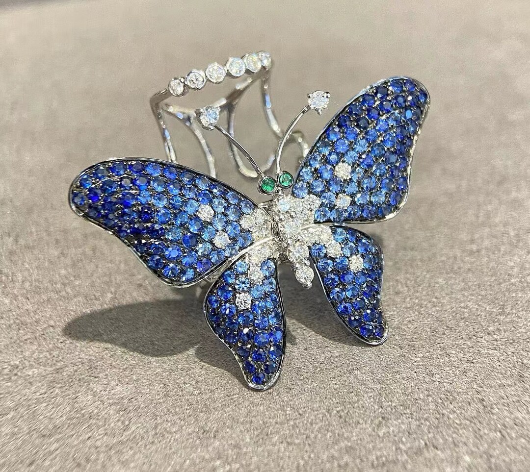 18K Blue Sapphire Diamond Ring (butterfly ) - Etsy