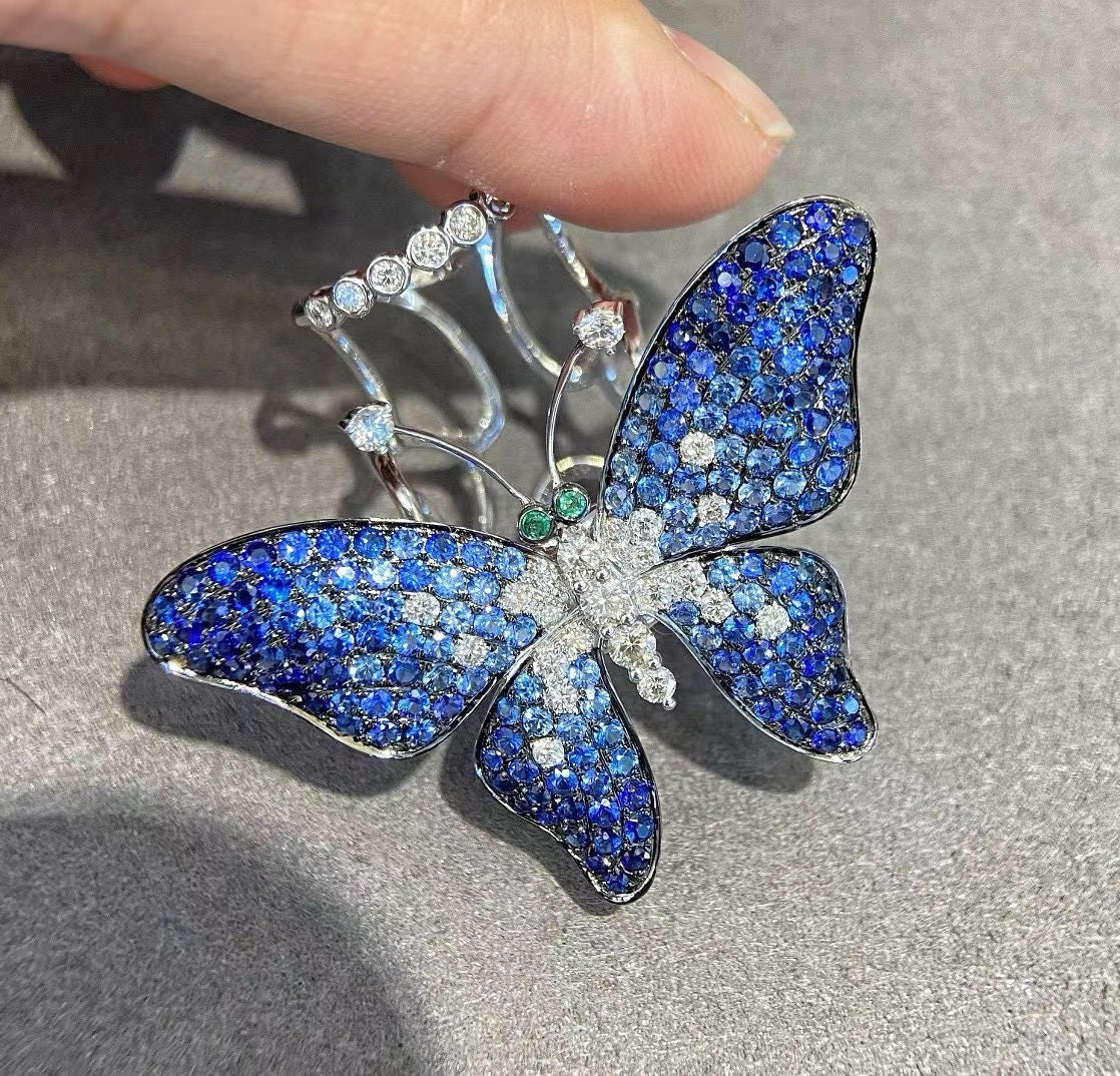 18K Blue Sapphire Diamond Ring (butterfly ) - Etsy