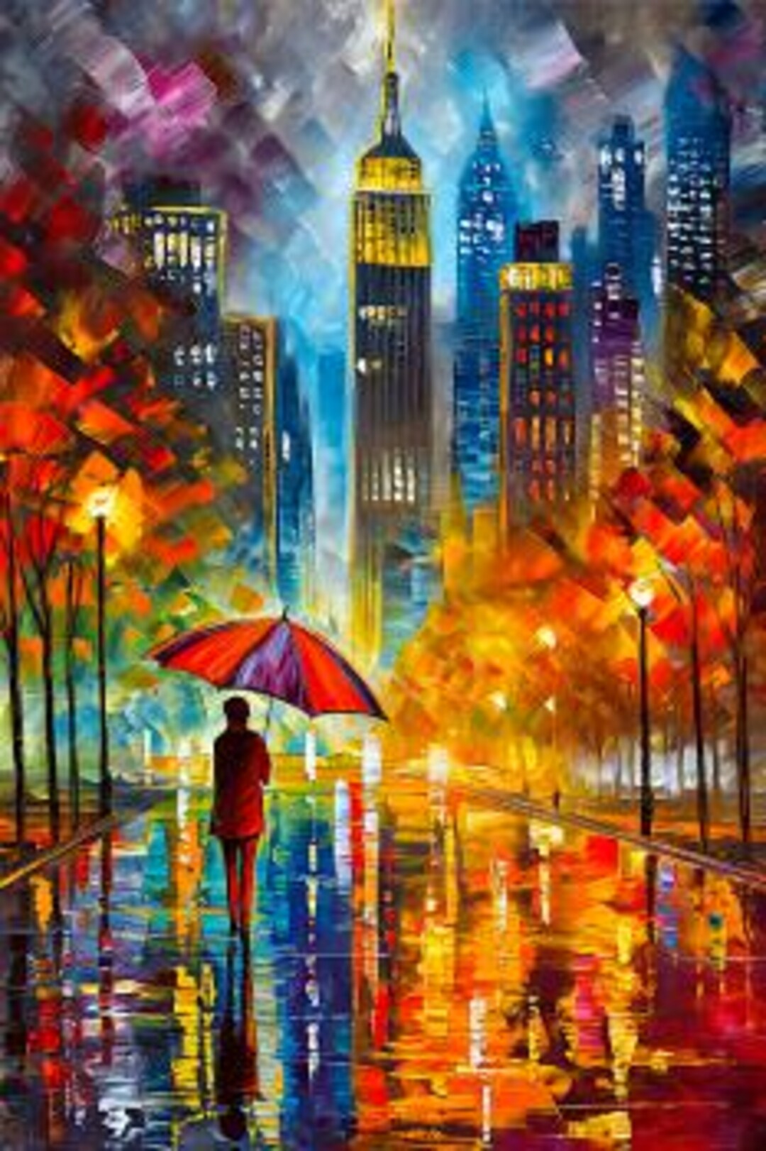 Simulated Oil Painting New York City Street at Night, Reflecting Colors ...
