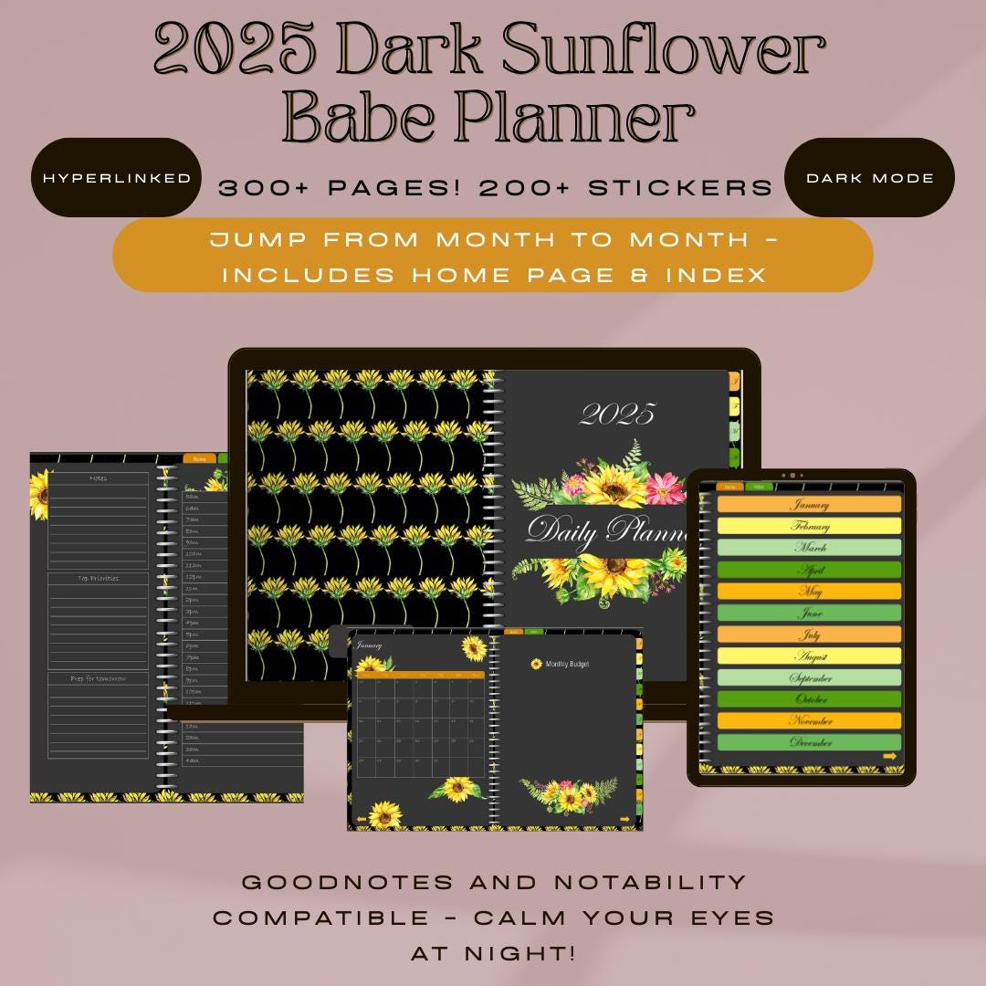 2025 Dark Mode Chic Sunflower Planner, Weekly Floral Planner, Track ...
