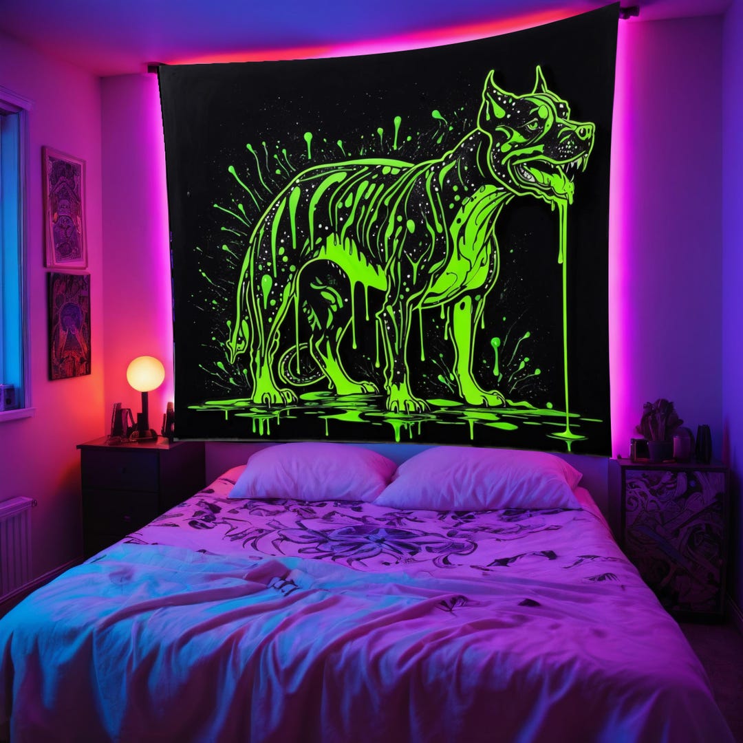 Neon Green Pitbull Indoor Wall Tapestries, Paint Drip Splash Art ...