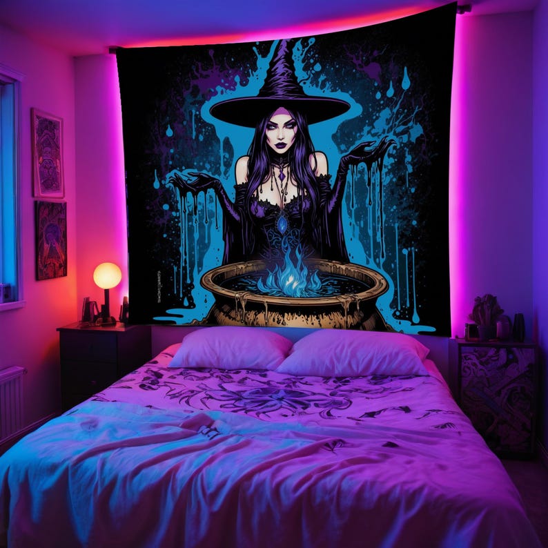 Witch Cauldron Tapestry, UV Reactive Wall Hanging, Paint Drip Art ...
