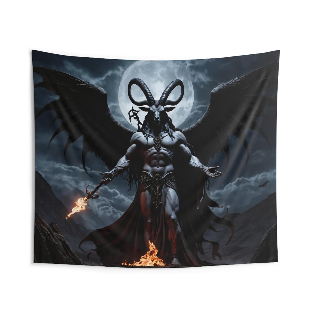 Infernal Baphomet Tapestry: Winged Demon Over Moonlit Abyss, Evil Devil ...