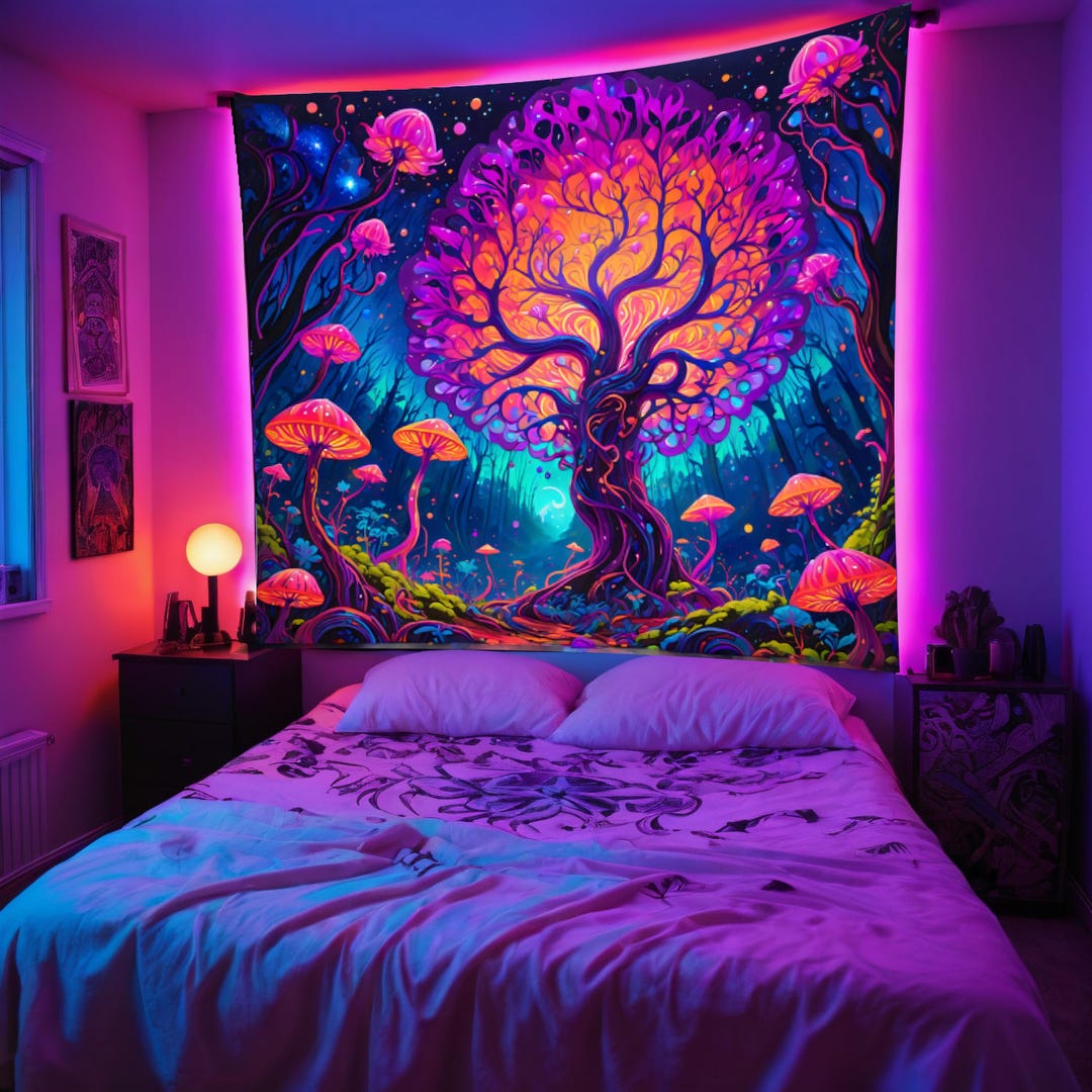 Uv-reactive Forested Landscape Indoor Wall Tapestry, Trees and Mushroom ...