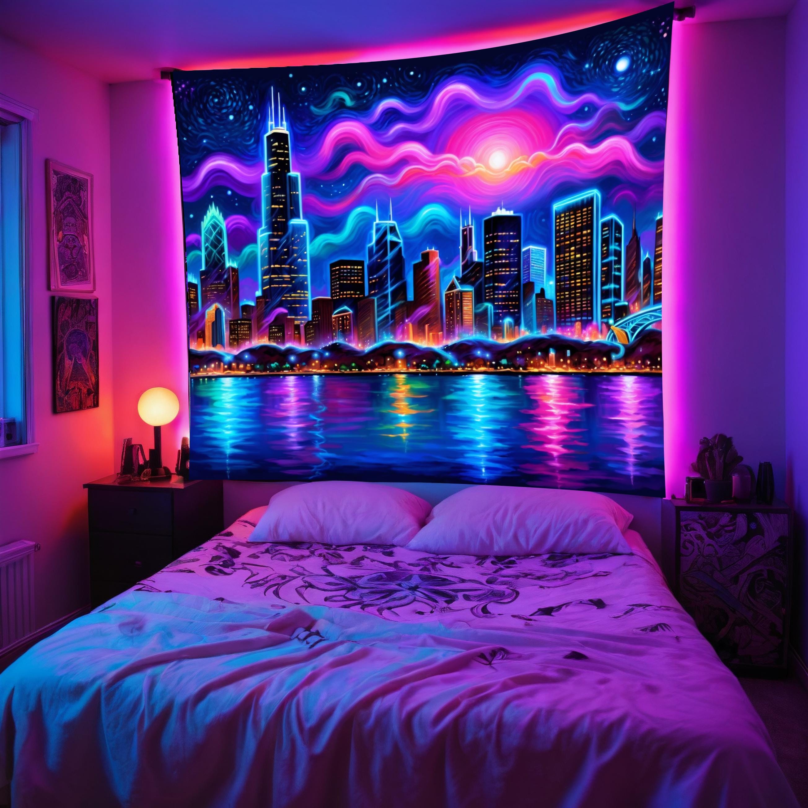 Neon Chicago Skyline Indoor Wall Tapestries, Blacklight Reactive ...