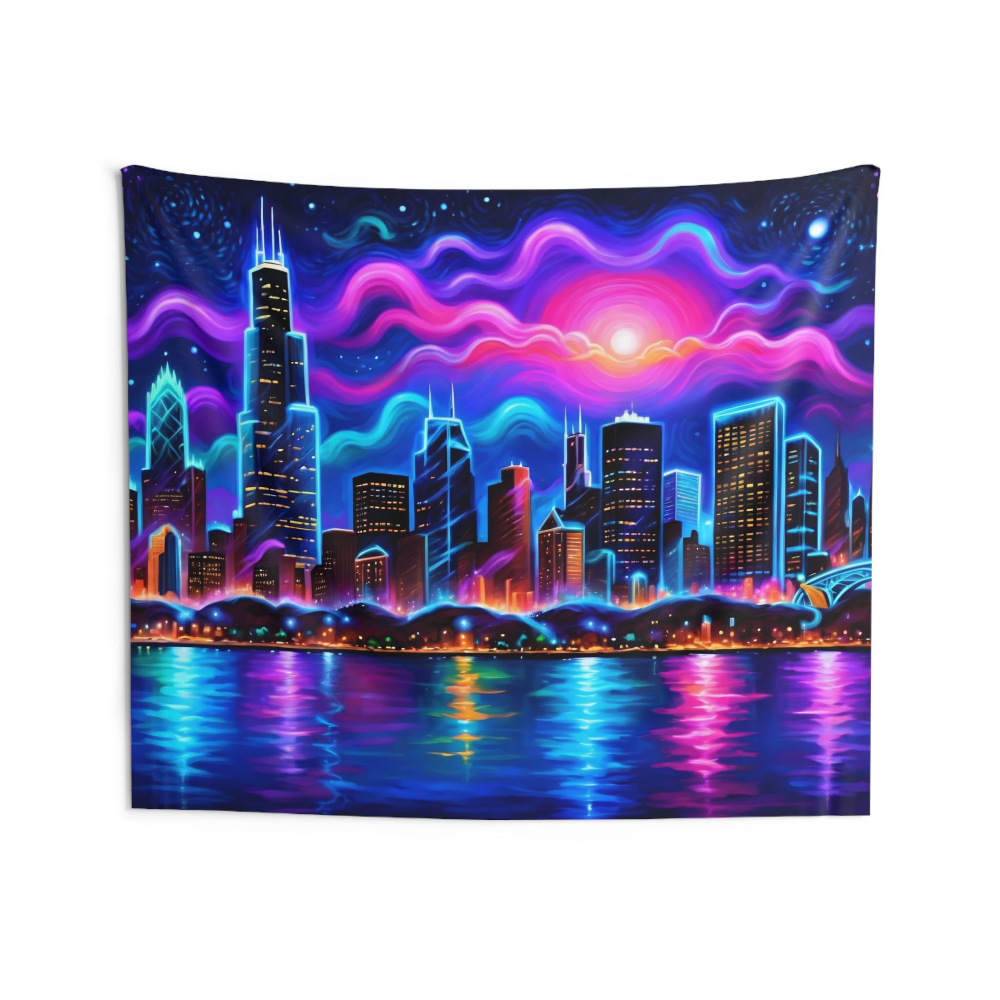 Neon Chicago Skyline Indoor Wall Tapestries, Blacklight Reactive ...