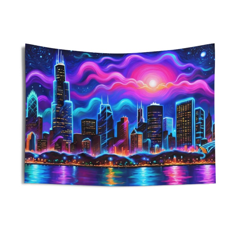 Neon Chicago Skyline Indoor Wall Tapestries, Blacklight Reactive ...