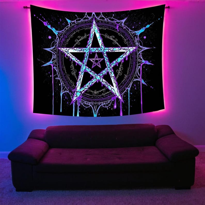Blacklight Pentagram Dripping Paint Tapestry, Wiccan Home Decor ...