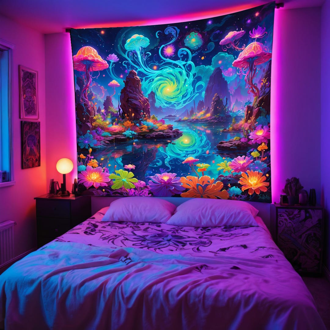 Mystical Landscape Tapestry, Blacklight Reactive Wall Art, Uv ...