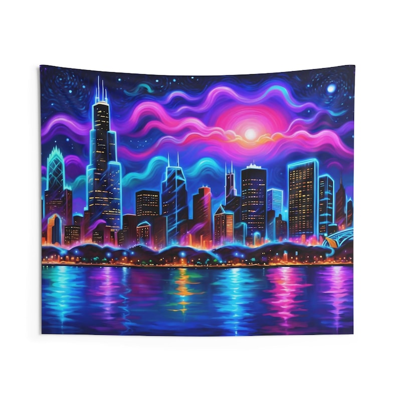 Neon Chicago Skyline Indoor Wall Tapestries, Blacklight Reactive ...